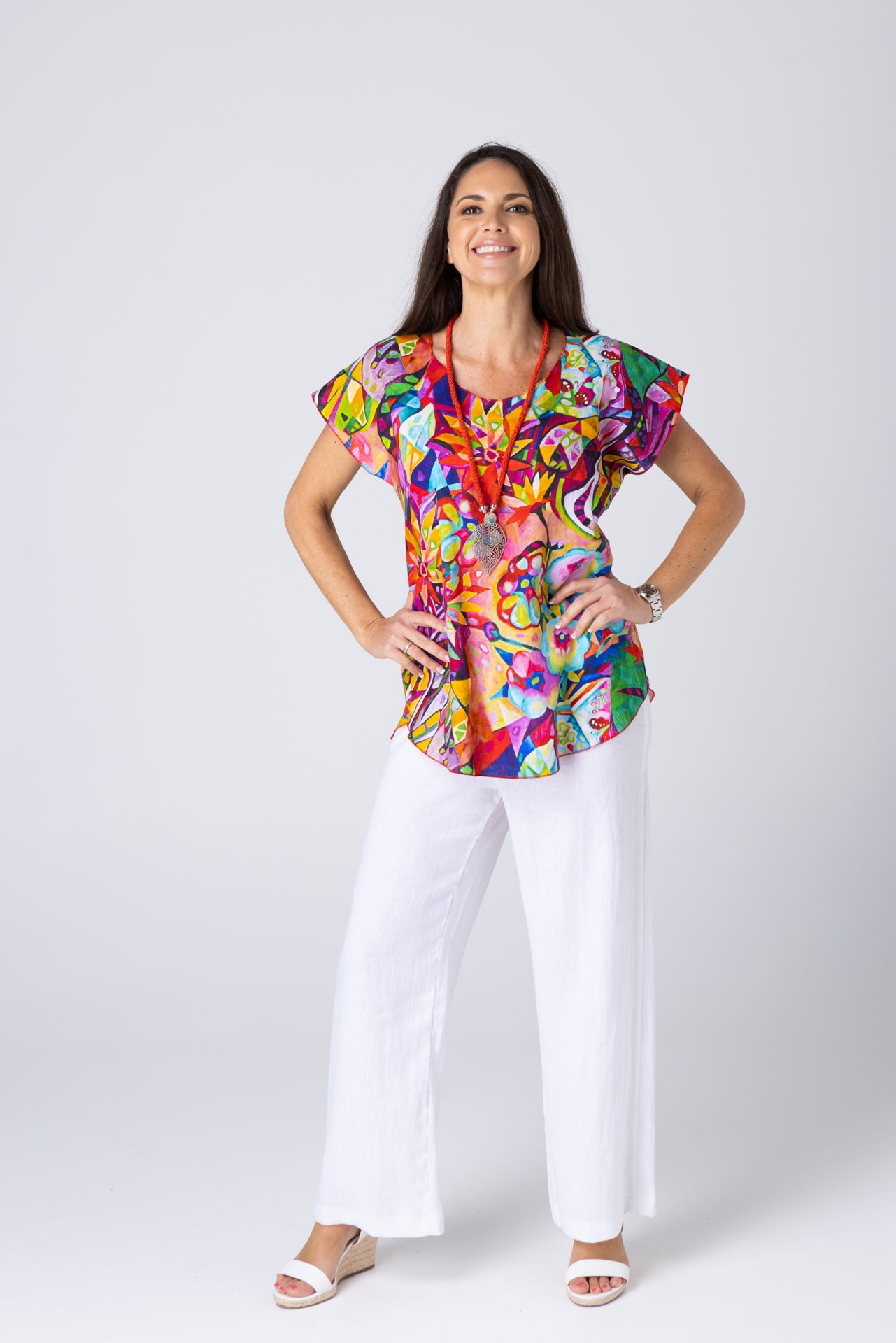 Calypso Print Short Sleeve 100% Linen Top – ilovemylife
