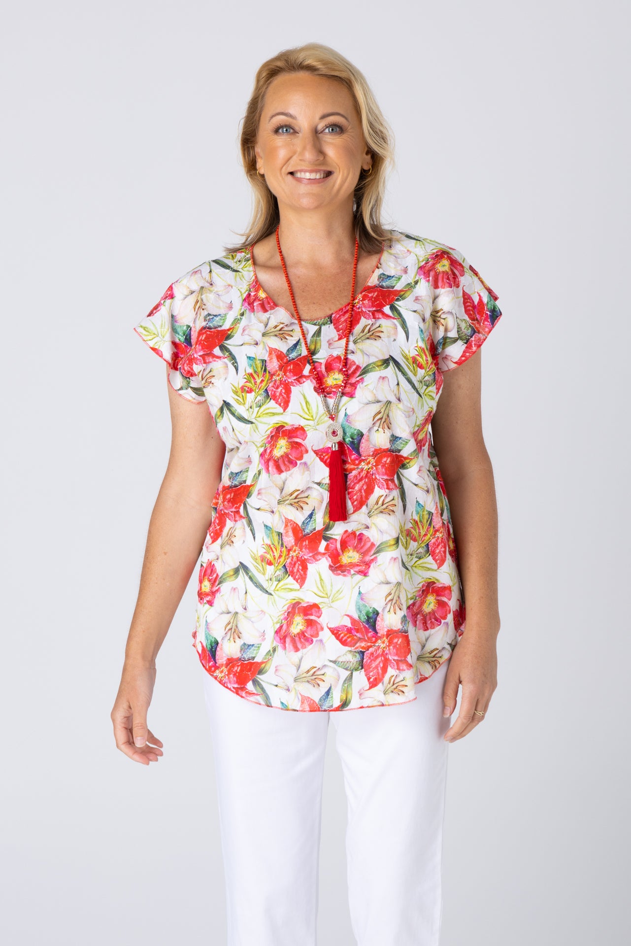Rouge Print Short Sleeve Non-Crush Jacquard Cotton Top – I Love My Life